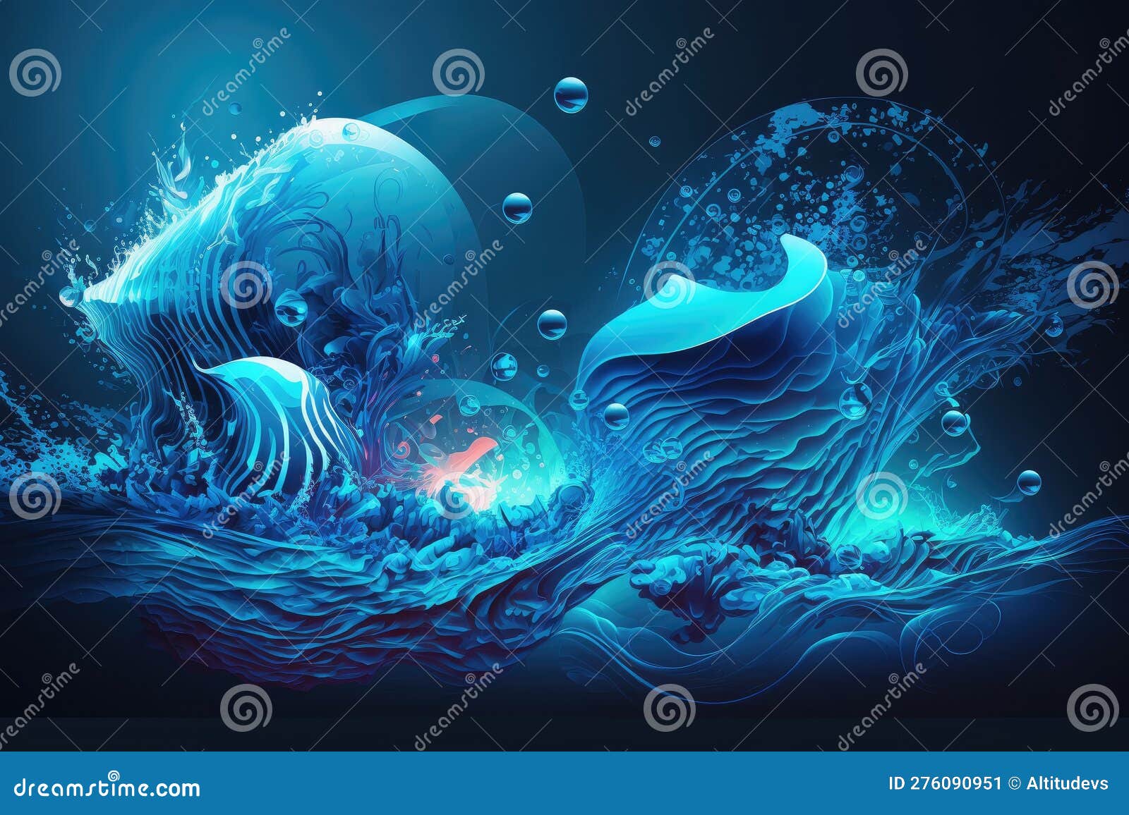 Blue Liquid Wave Background with Floating Objects and Light Reflections ...