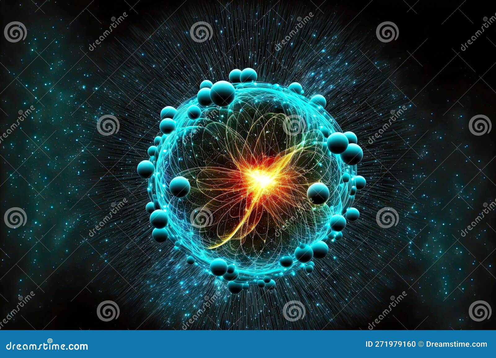Blue-lit Atom Orbit with Particles on Dark Background Stock ...