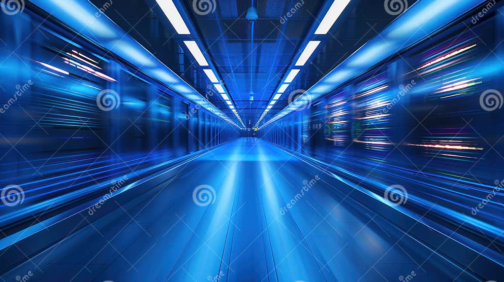 Blue Lit Data Center Corridor with Light Motion Trails Stock ...