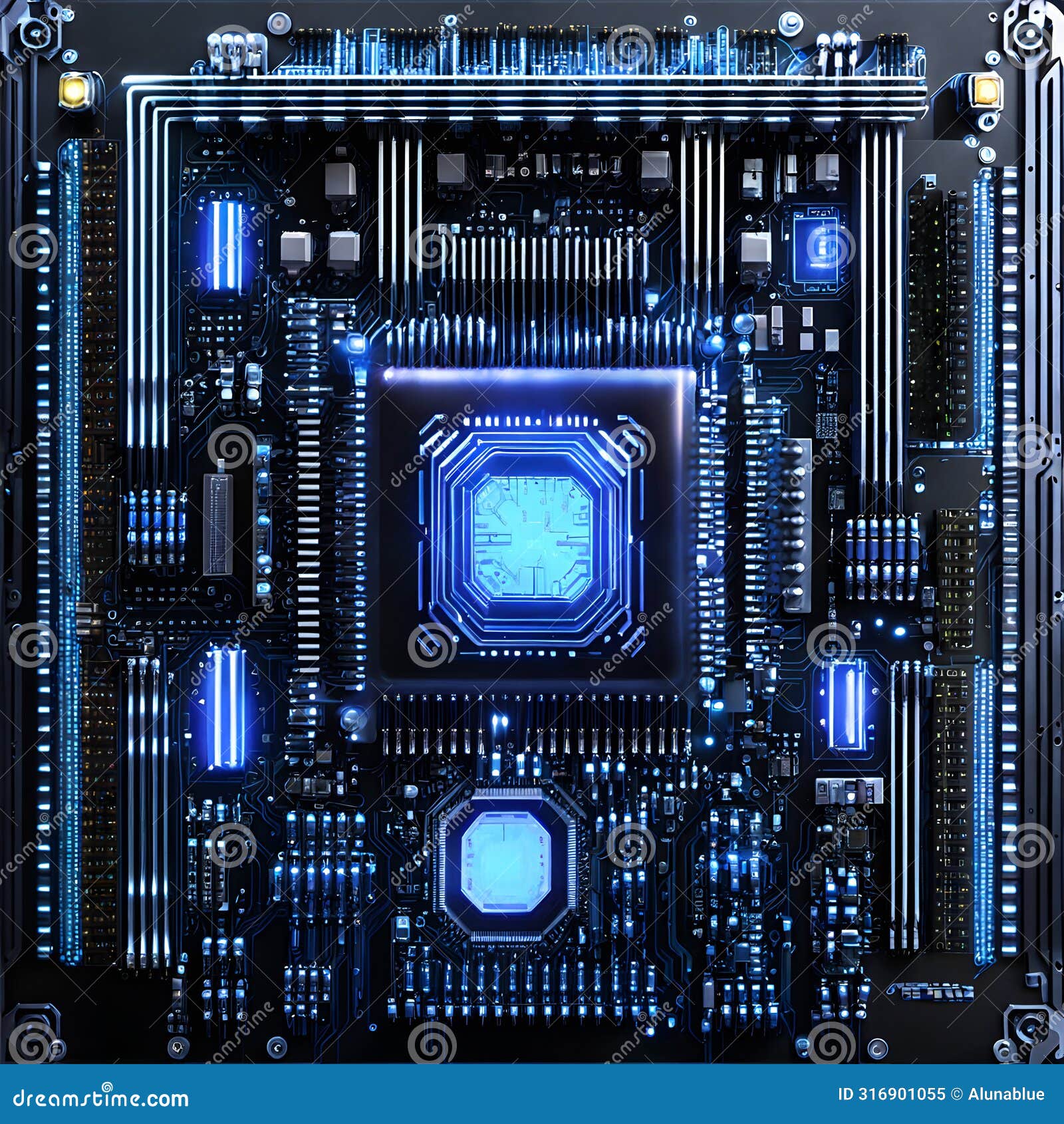 Blue-Lit High-Tech Computer Motherboard Close-Up Stock Image - Image of ...