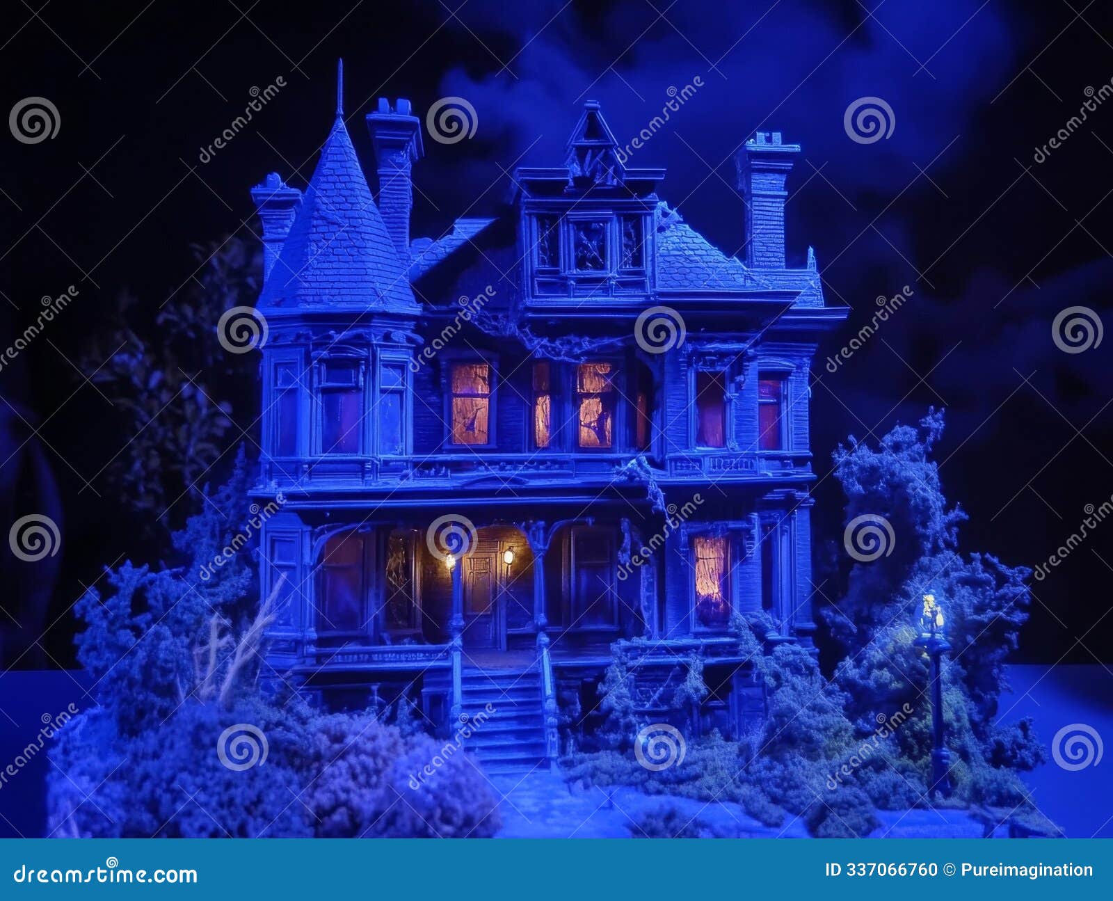 A Blue-Lit Model of a Haunted Victorian House Stock Illustration ...