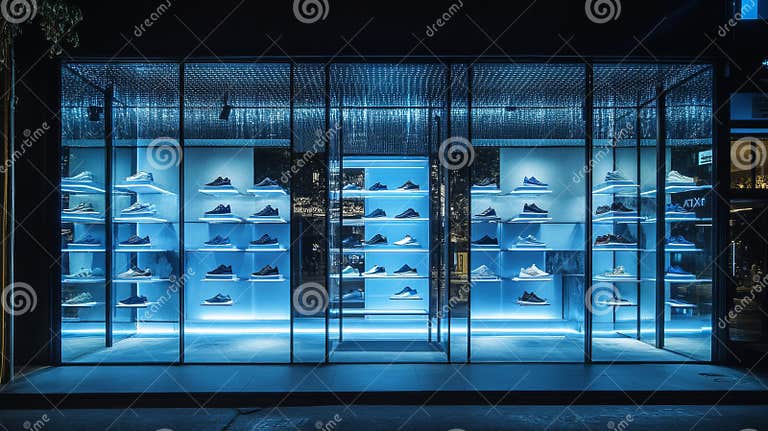 Blue-Lit Storefront Displaying Rows of Sneakers Stock Illustration - Illustration of textured ...