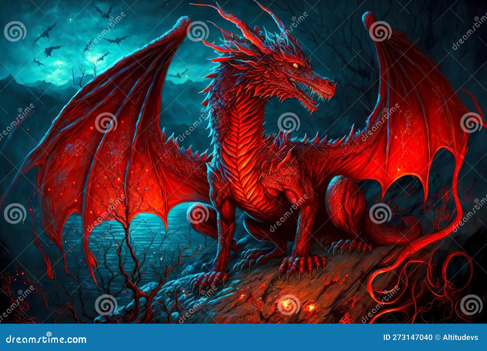 Blue-lit View of Red Dragons on Rock Stock Illustration - Illustration ...