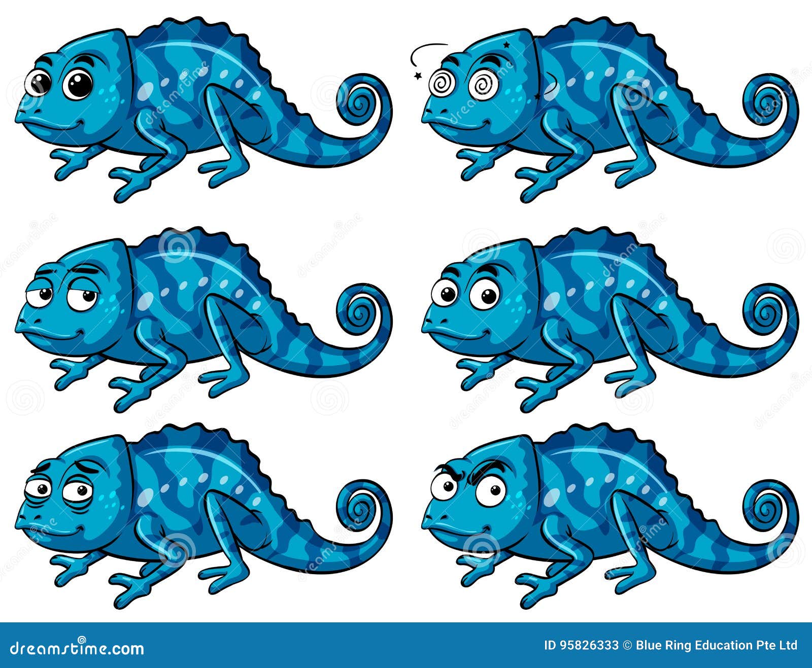 Blue Lizard with Six Different Emotions Stock Vector - Illustration of ...