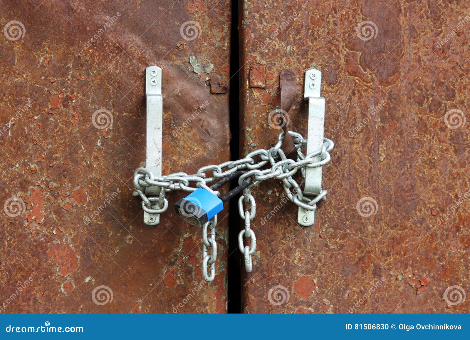 Blue Lock On The Chain Rusty Door Locks Transformer Station. Royalty ...