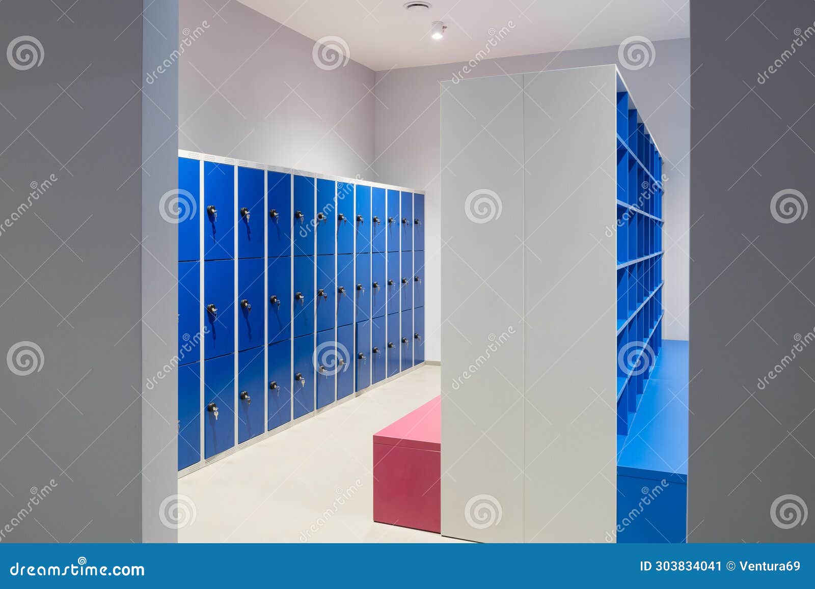Blue Lockers and Cabinet with Empty Shelves and Bench Stock Image ...