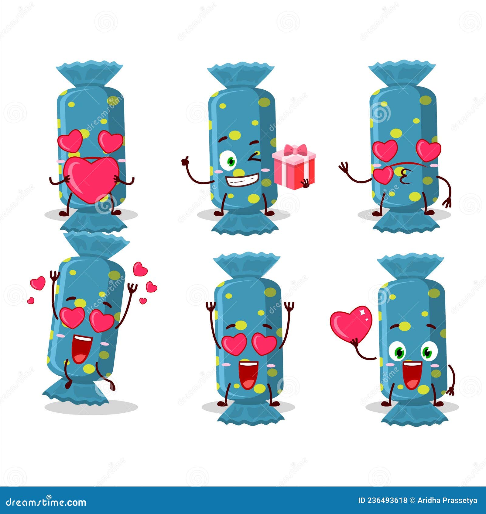 Blue Long Candy Package Cartoon Character With Love Cute Emoticon Stock