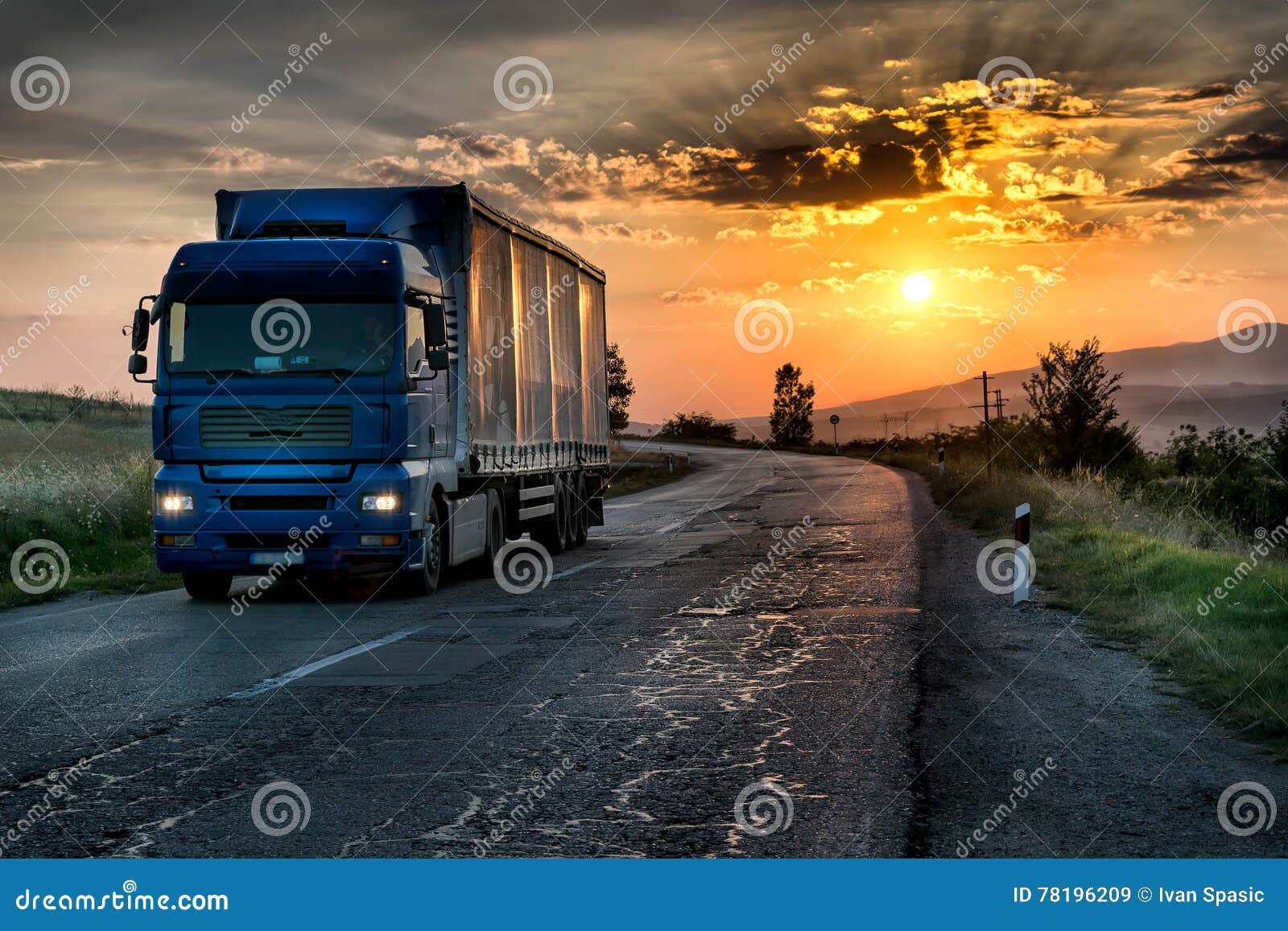 Blue Lorry on the Asphalt Rural Road Stock Image - Image of lorry ...