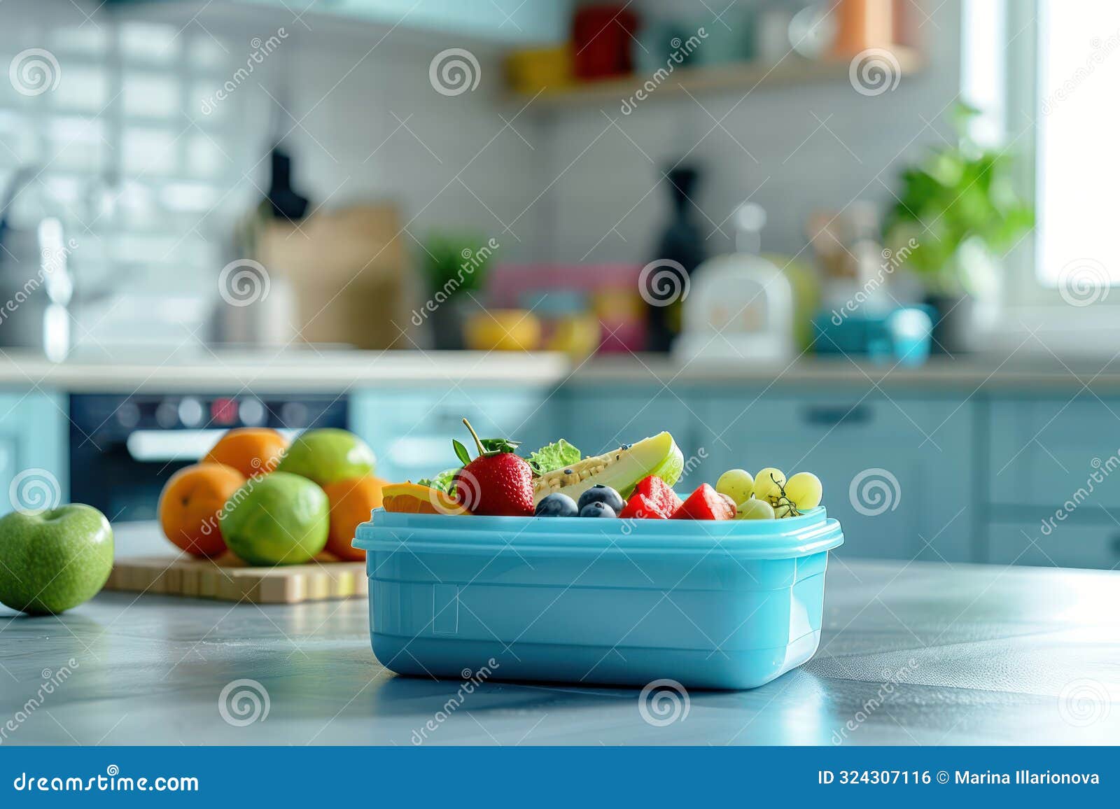 Blue Lunch Box with Fruits for School Breakfast on Kitchen Table ...