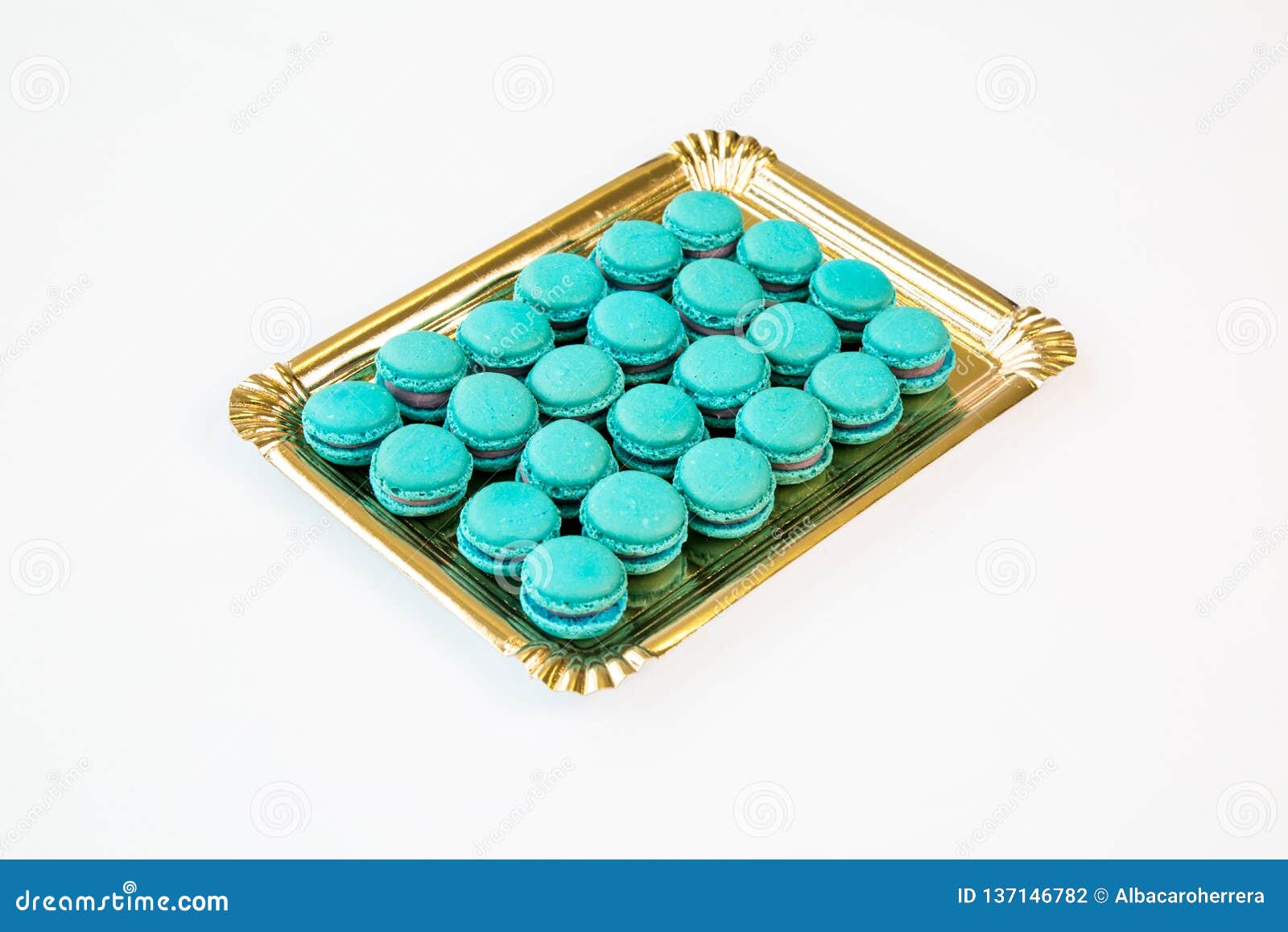Blue Macaroons on a Gold Tray with White Background Stock Photo - Image ...