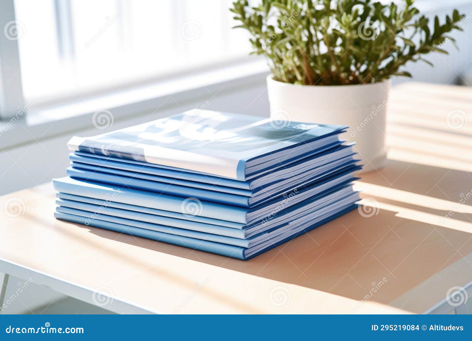 Blue Magazines on a White Table Under Natural Light Stock Photo - Image ...