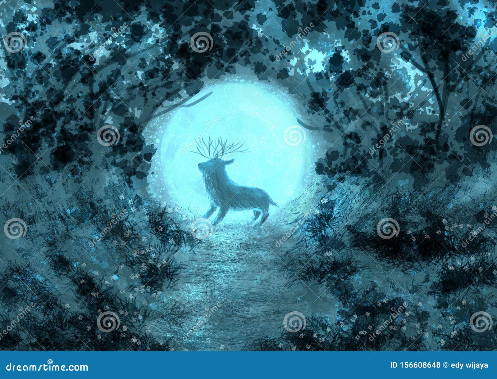 Blue Magical Deer Digital Painting Stock Illustration - Illustration of ...