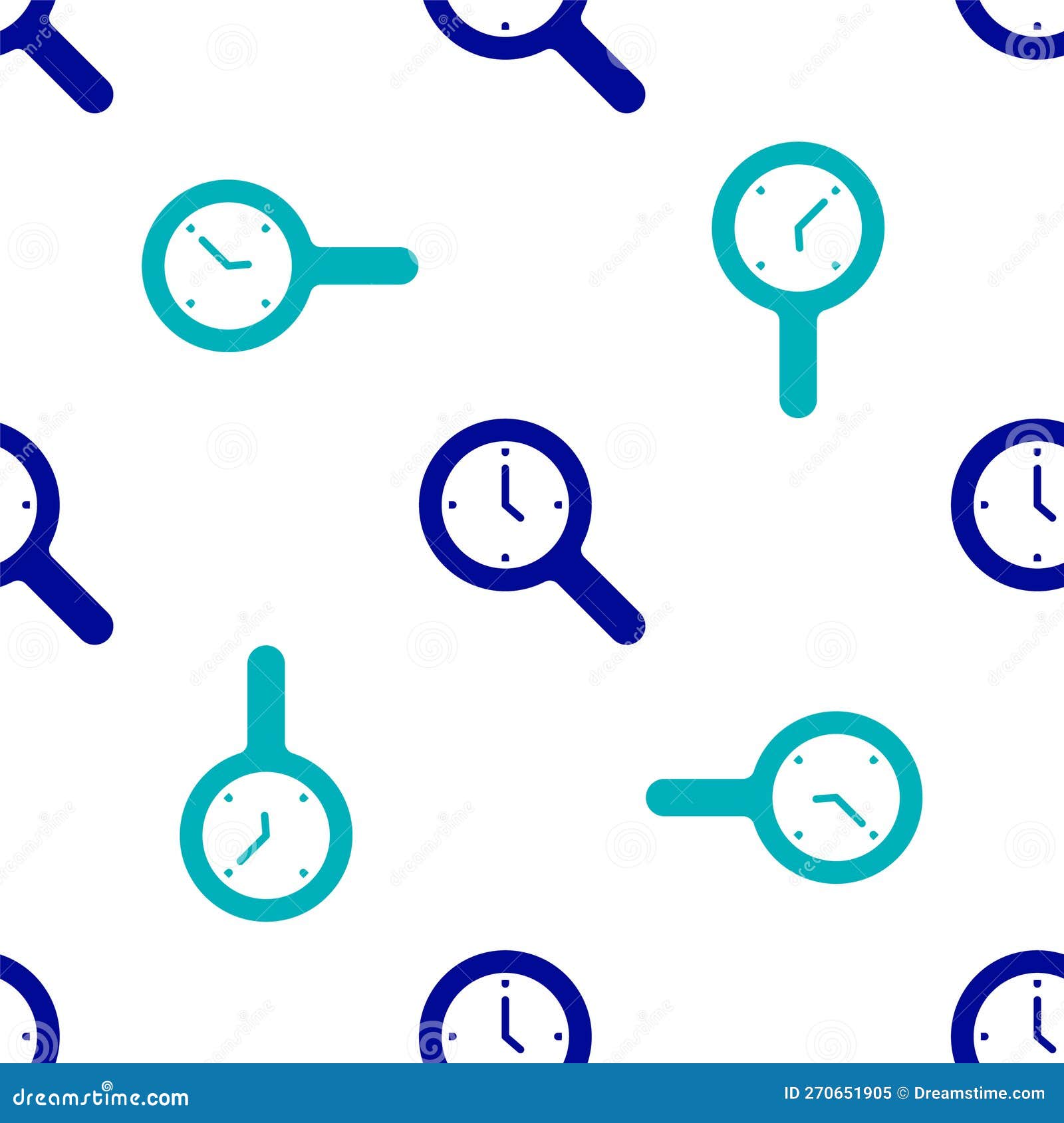 Blue Magnifying Glass with Clock Icon Isolated Seamless Pattern on ...