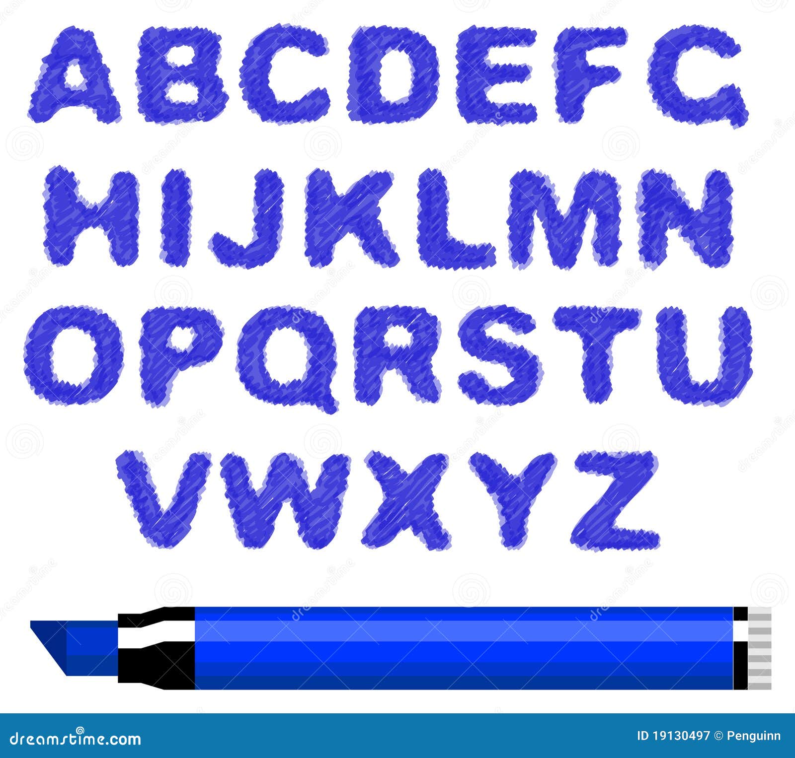 Set Of Blue Marker Alphabet, Numbers, Punctuation. Hand Drawings With ...