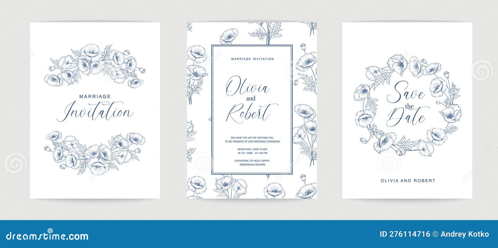 Blue Marriage Design Template with Custom Names in Frame with Floral ...