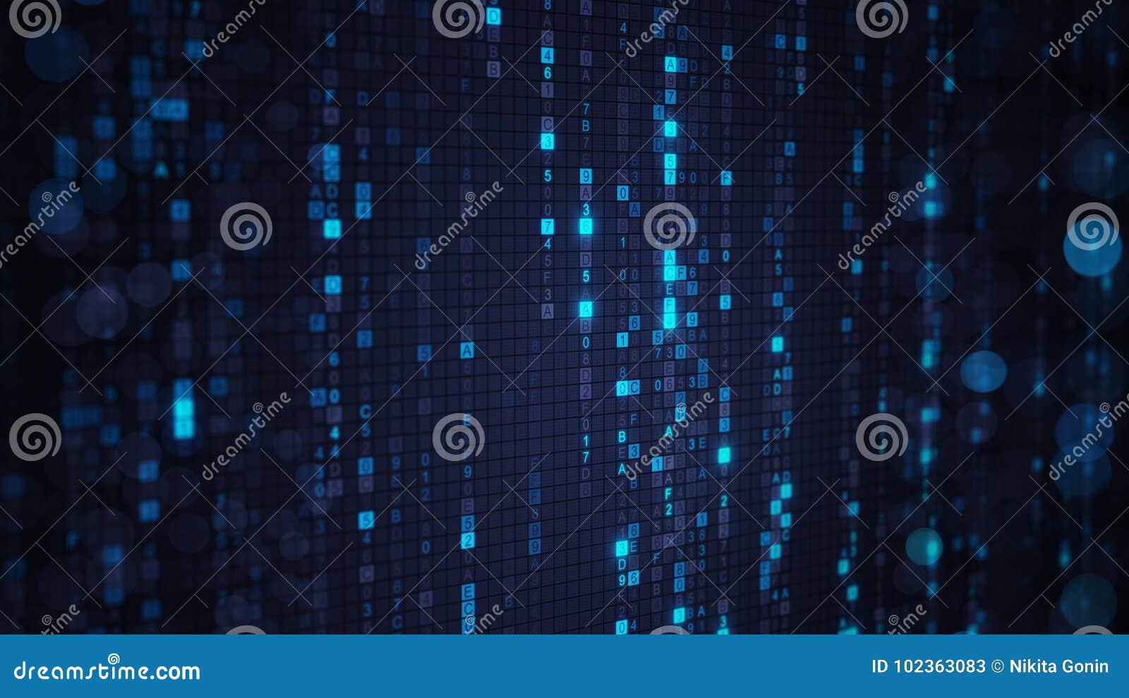 Blue Matrix Rain of Digital HEX Code with Bokeh Stock Illustration ...