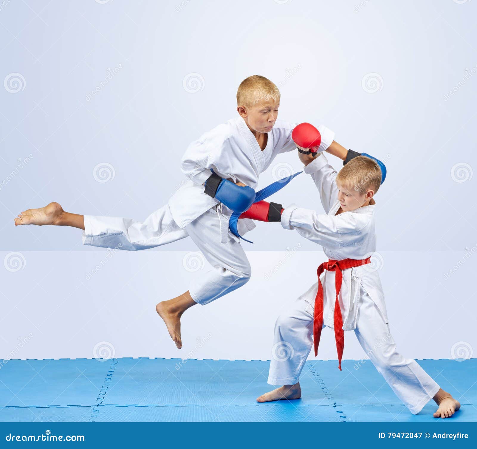 On a Blue Mats Athletes are Training Punch Arm and Block Stock Image ...