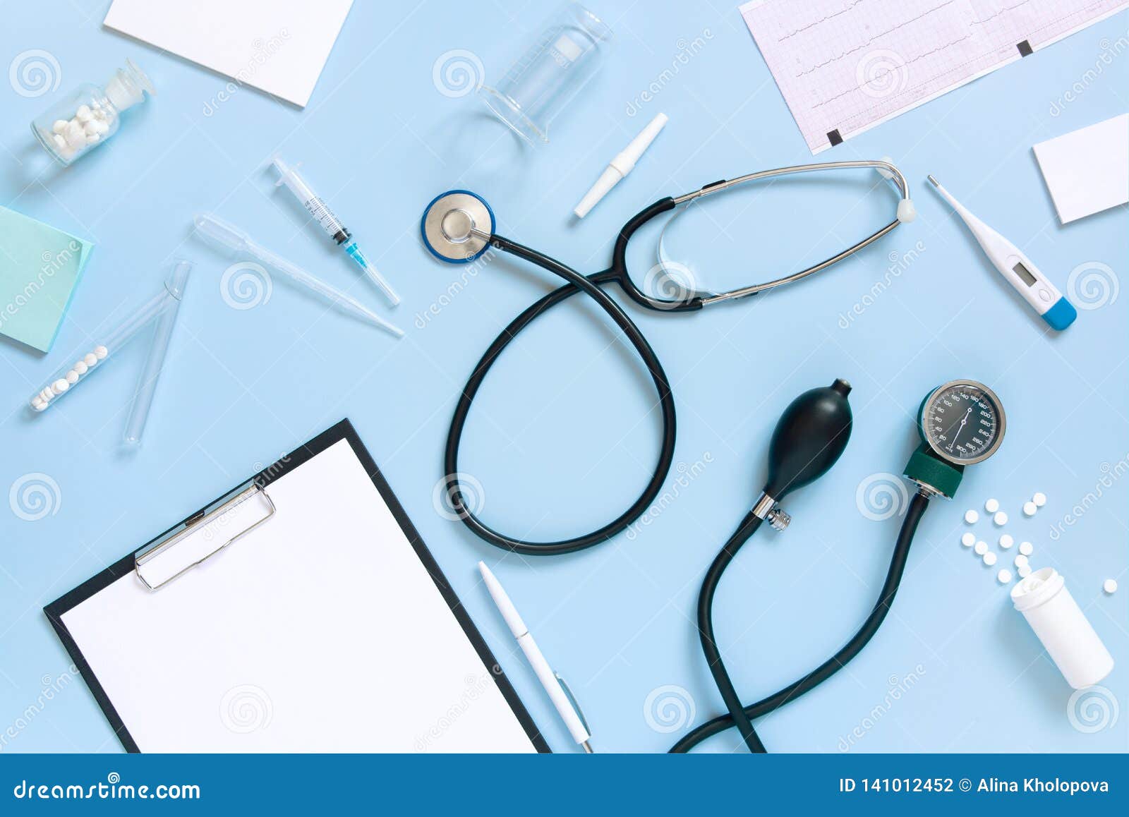 Blue Medical Pattern with Clipboard and Stethoscope Stock Photo - Image ...