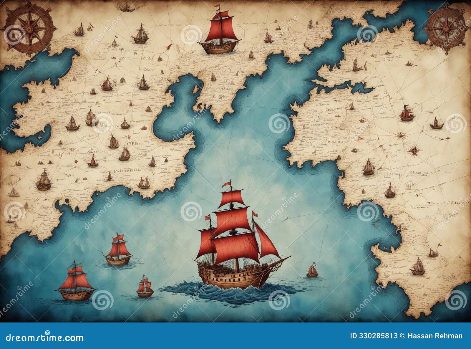Blue Medieval Old Nautical Map Background Stock Illustration ...