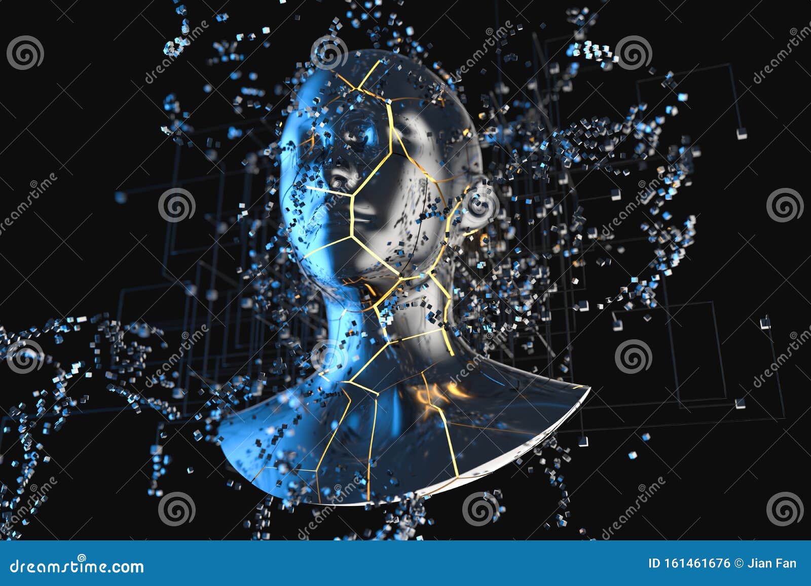 Blue Metal Human Head with Particles, 3d Rendering Stock Illustration ...