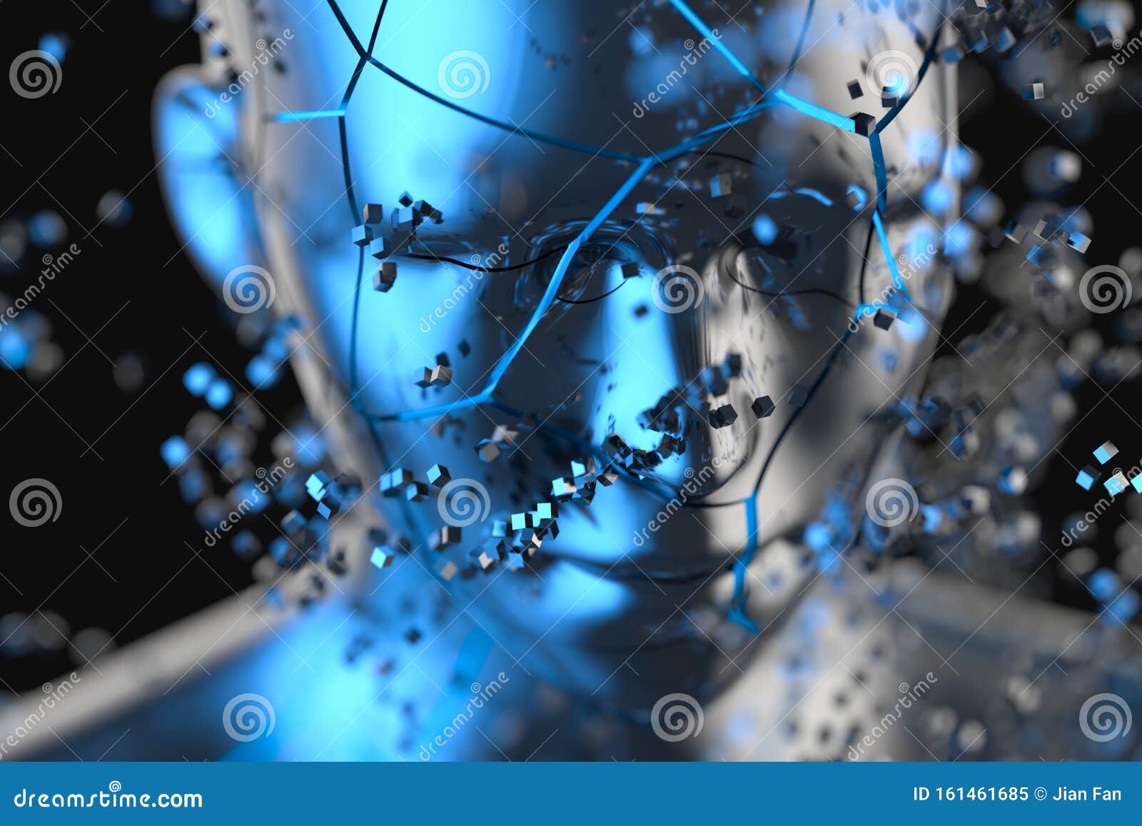 Blue Metal Human Head with Particles, 3d Rendering Stock Illustration ...
