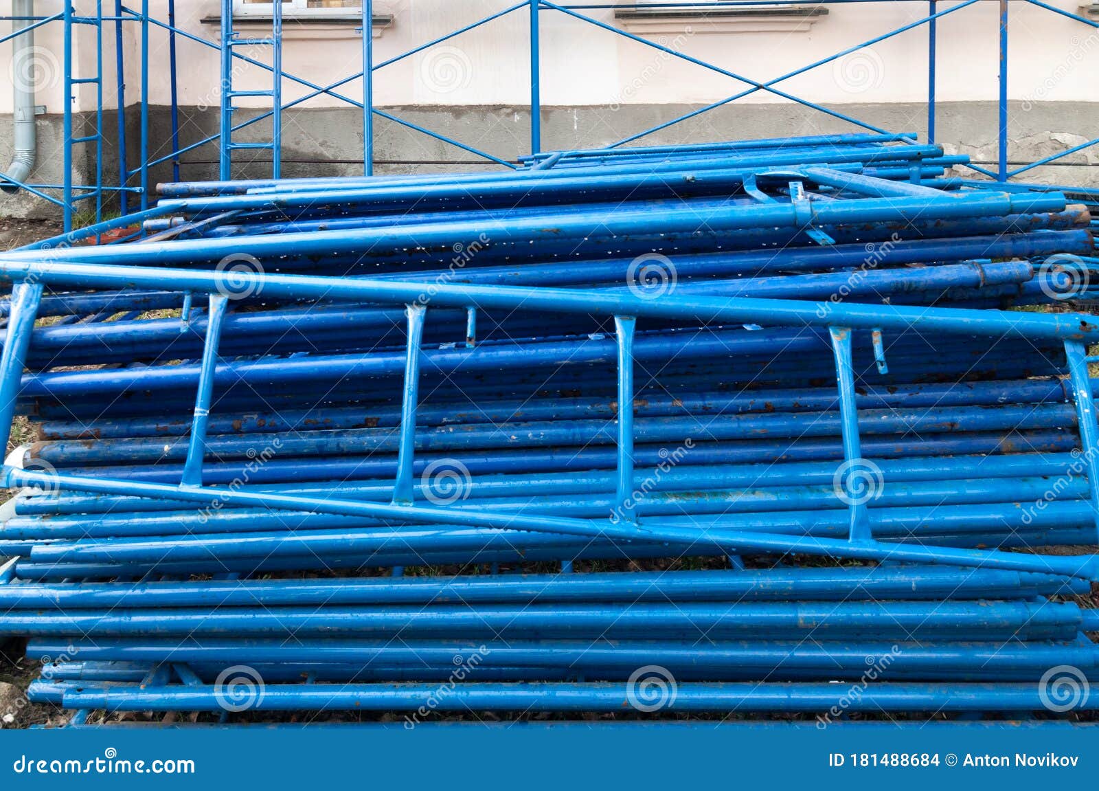Blue Metal Scaffolding Stacked before Installation Stock Photo - Image ...
