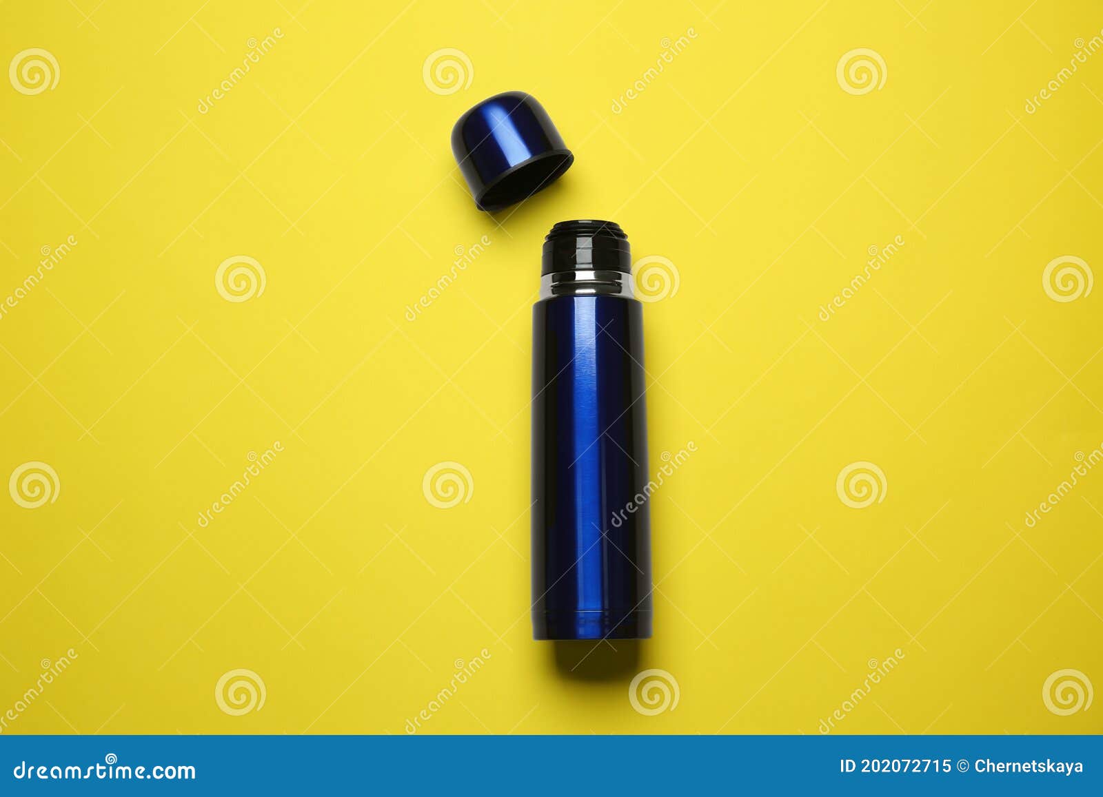 Blue Metal Thermos on Yellow Background, Top View Stock Image - Image ...