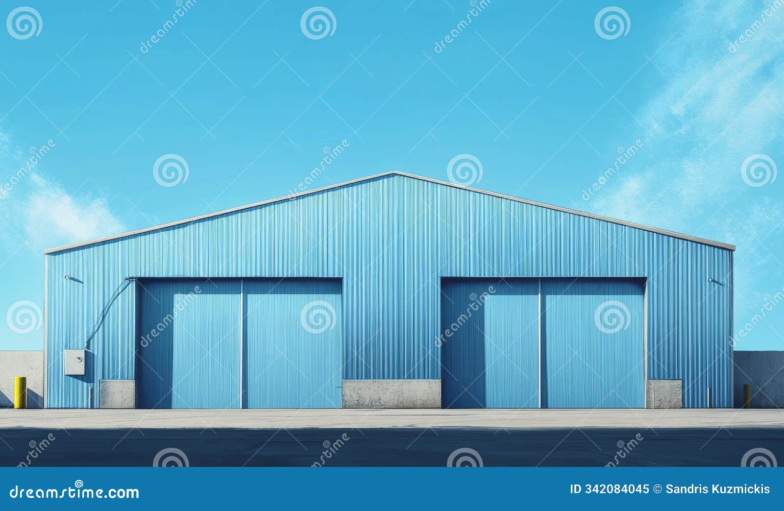 Blue Metal Warehouse with Several Doors and a Blue Roof. Generative AI ...