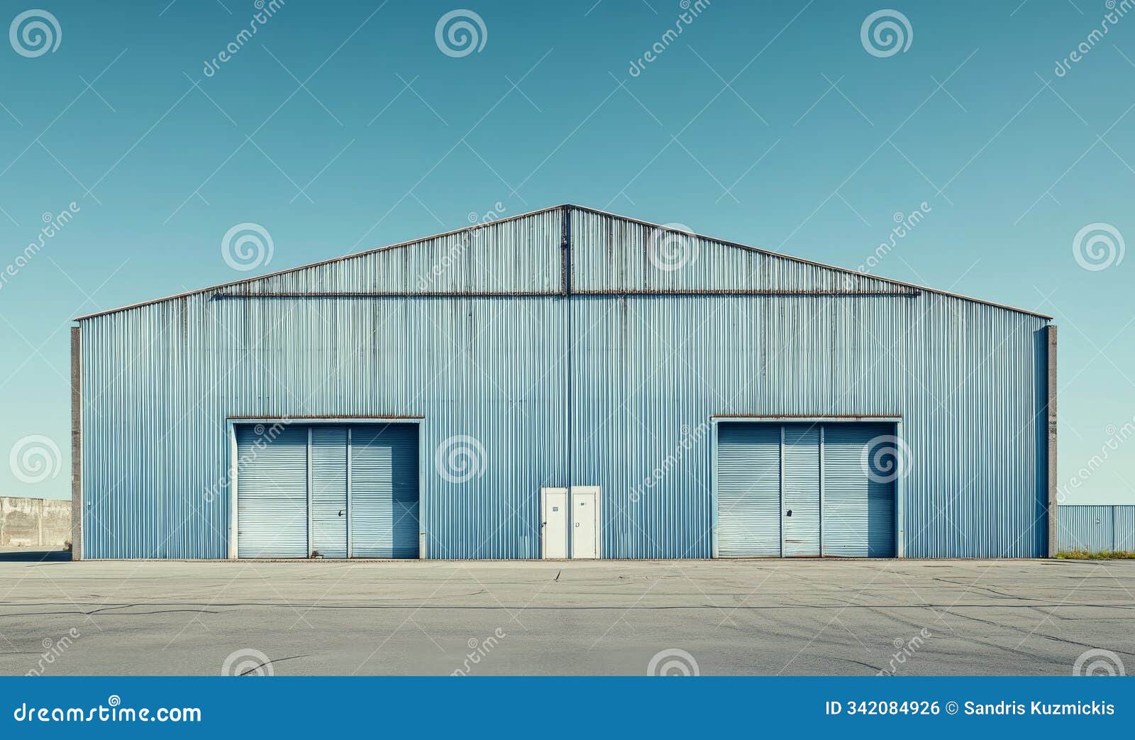 Blue Metal Warehouse with Several Doors and a Blue Roof. Generative AI ...