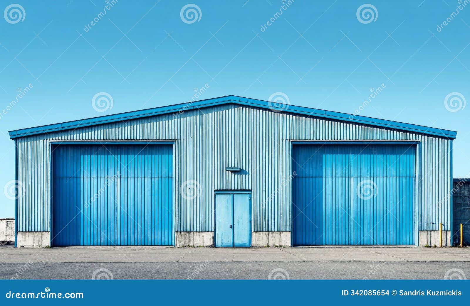 Blue Metal Warehouse with Several Doors and a Blue Roof. Generative AI ...