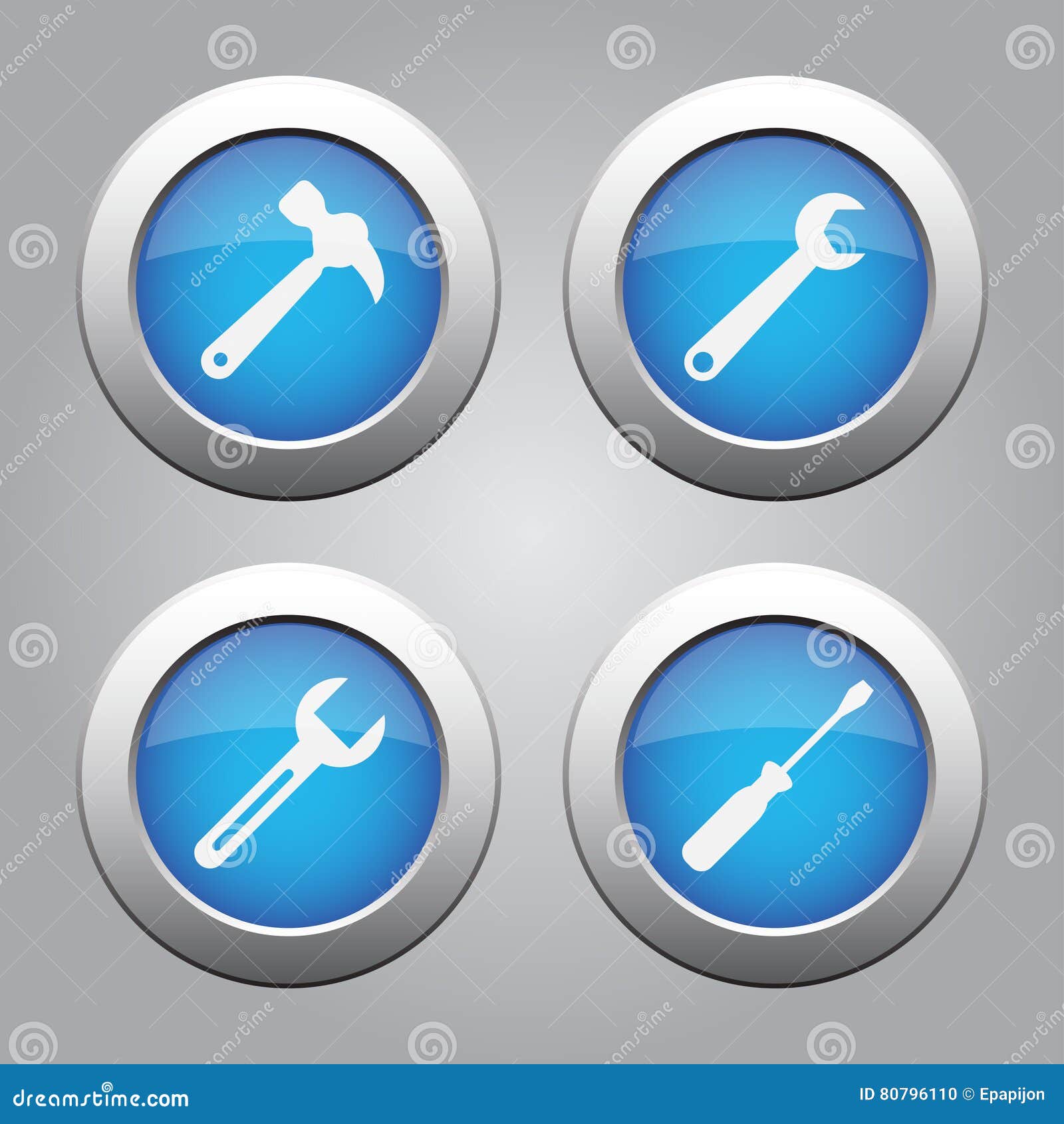 Blue Metallic Buttons Set, White Tools Icons Stock Vector ...