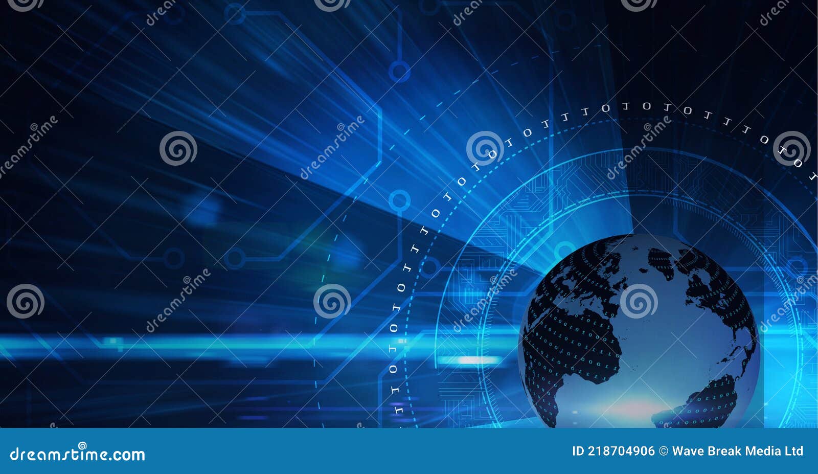 Blue Microprocessor Connections and Round Scanner Over Globe Against ...