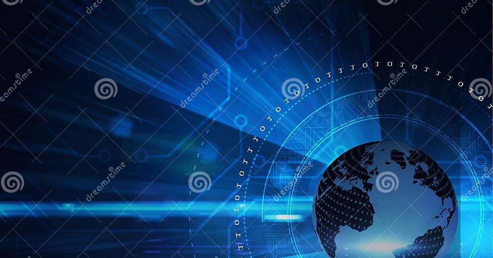 Blue Microprocessor Connections and Round Scanner Over Globe Against ...