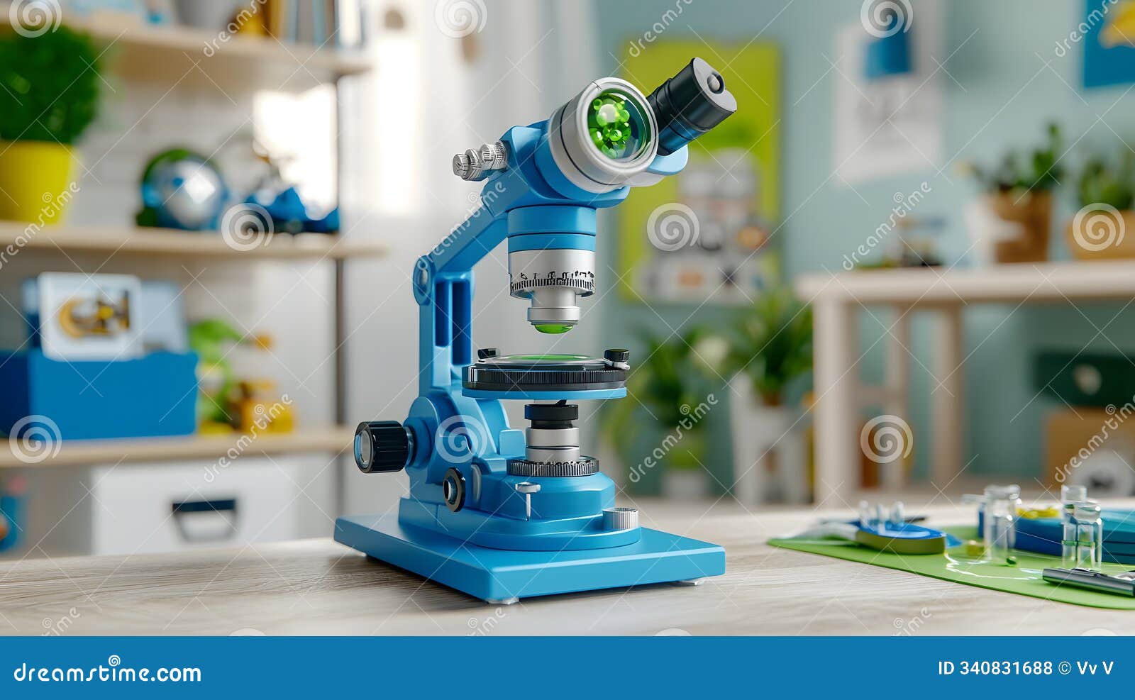 Blue Microscope Stands On A Shelf Of A Training Cabinet Royalty-Free ...