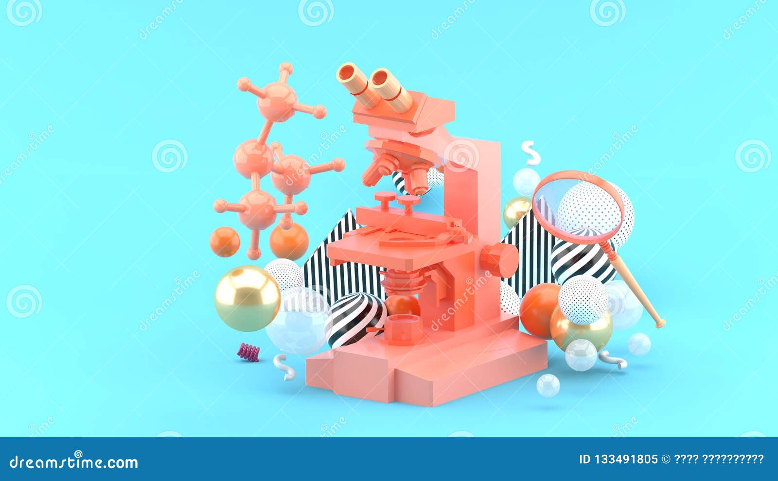 A Blue Microscope among Colorful Balls on a Blue Background. Stock ...