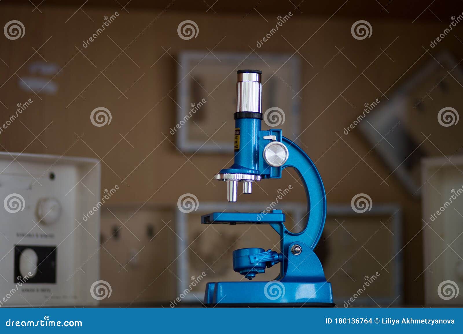Blue Microscope Stands on a Shelf of a Training Cabinet Stock Photo ...