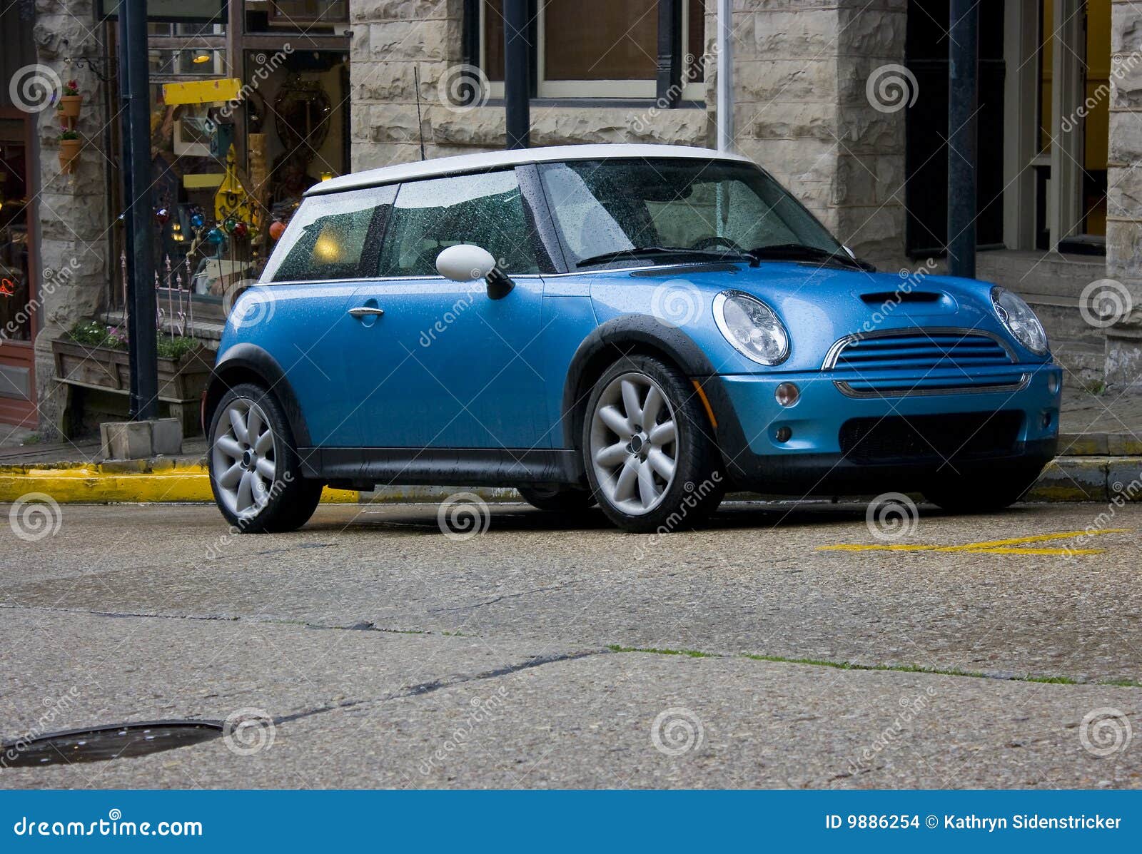 Blue Mini Cooper stock photo. Image of rain, small, droplets - 9886254