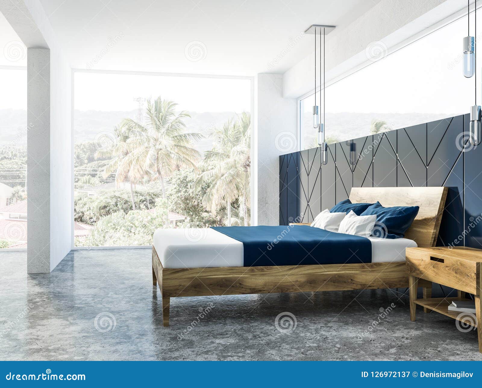 Blue Minimalistic Bedroom, Double Bed Side View Stock Illustration ...