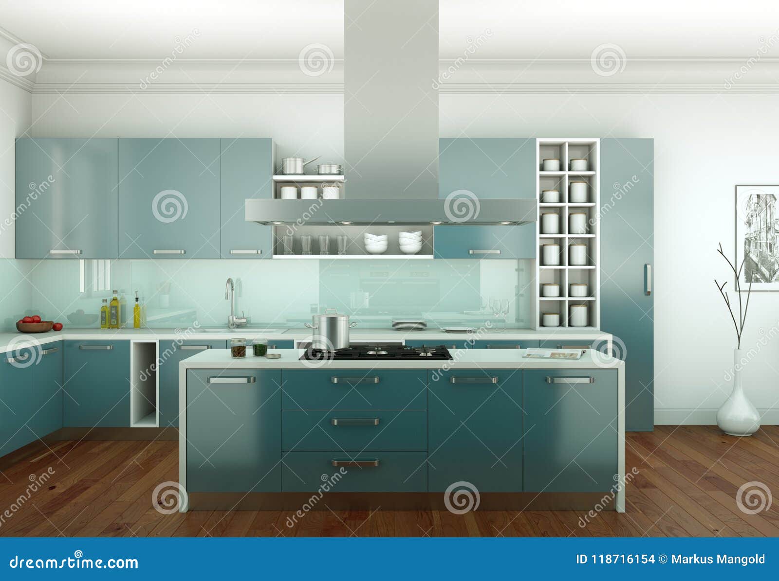 Blue Modern Kitchen in a Room with Stone Wall Stock Illustration ...