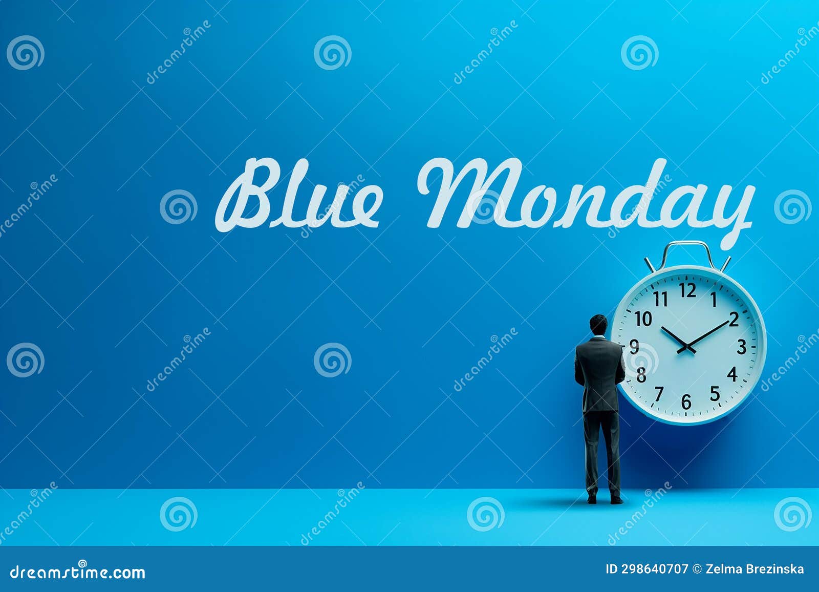 Blue Monday Words on Blue Colored Background with Clock and Man Stock ...