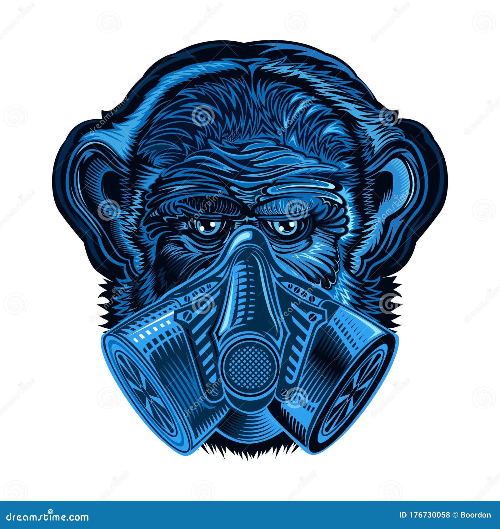 Blue Monkey with Gas Mask on Face in Engraving Style Stock Illustration ...