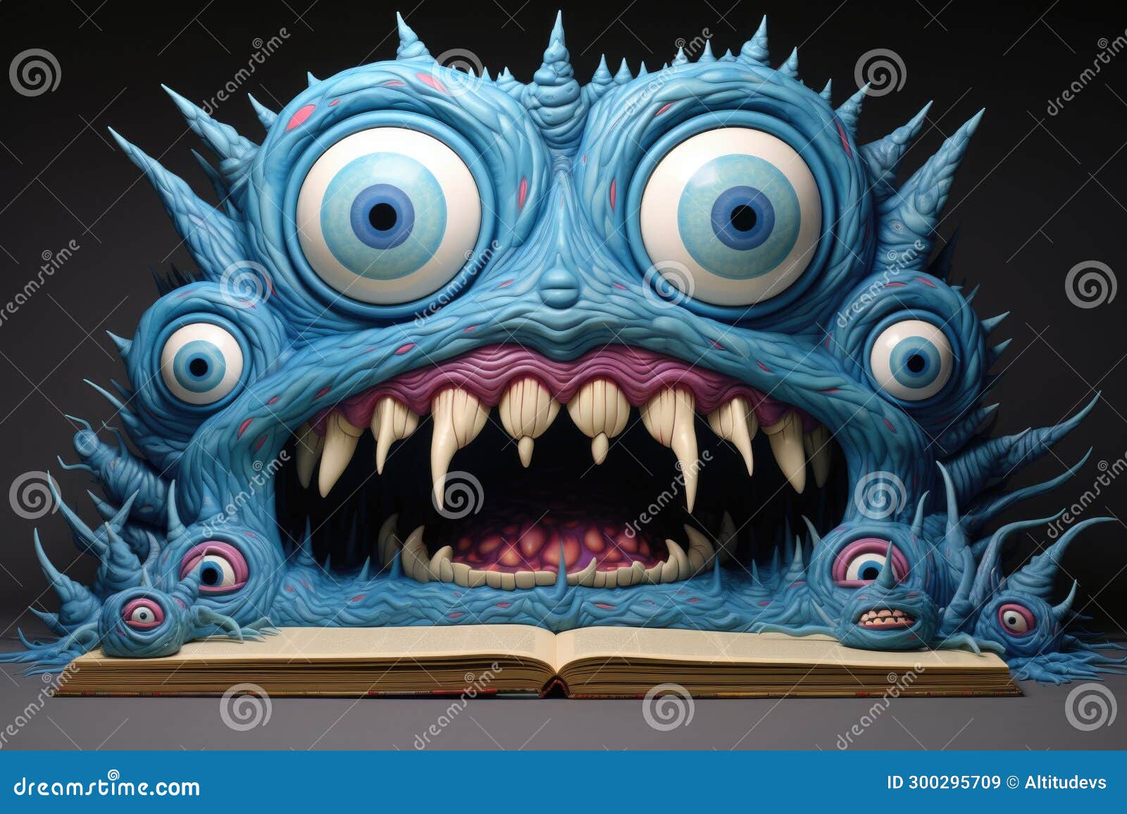A Blue Monster with Multiple Eyes Reading a Large Book Upside Down ...