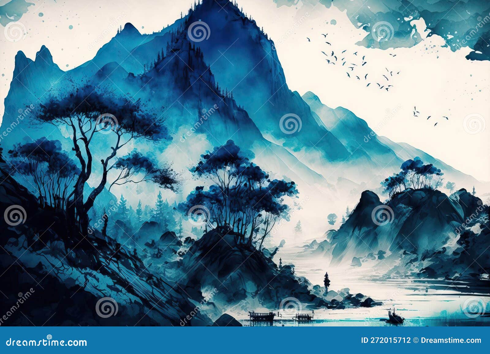 Blue Mood Landscape Painting in Chinese Style Stock Illustration ...