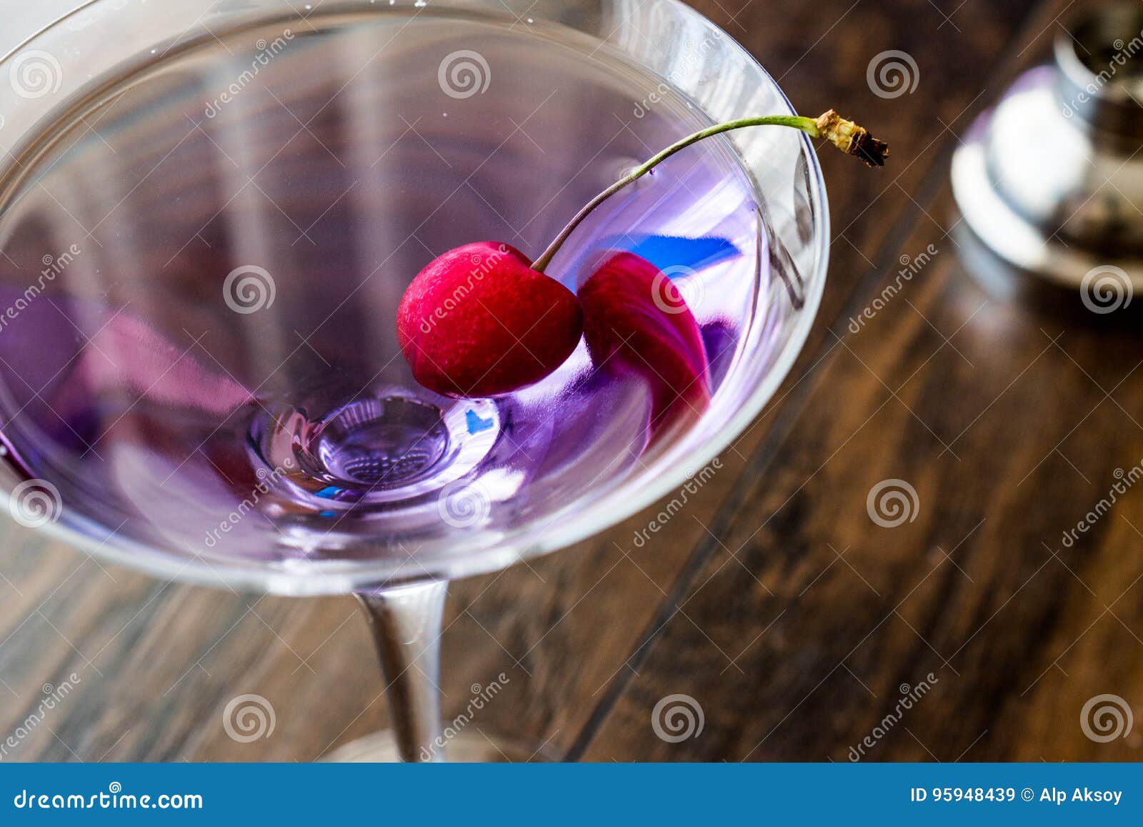 Blue Moon Cocktail with Cherry on Wooden Surface. Stock Image - Image ...