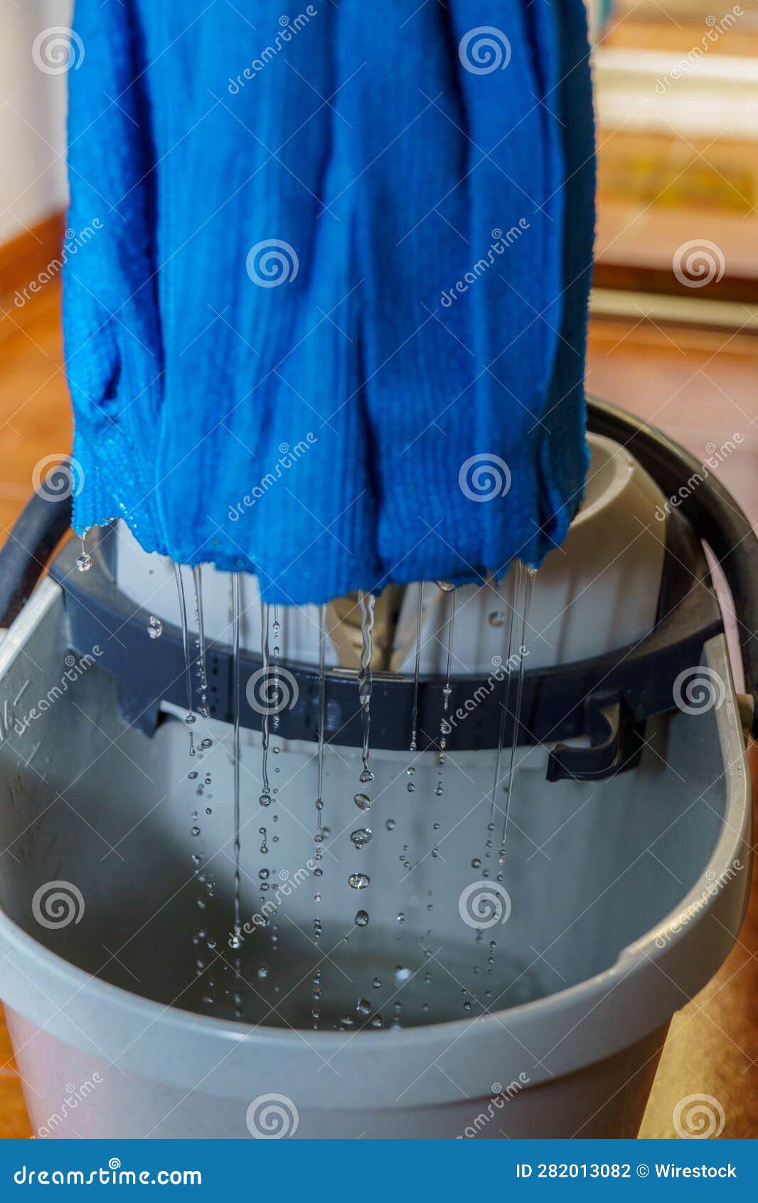 Blue Mop Dripping Drops of Water into Its Bucket Stock Photo - Image of ...