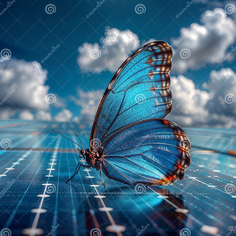 Blue Morpho on Solar Panel: Intricate Patterns and Sky Reflections ...