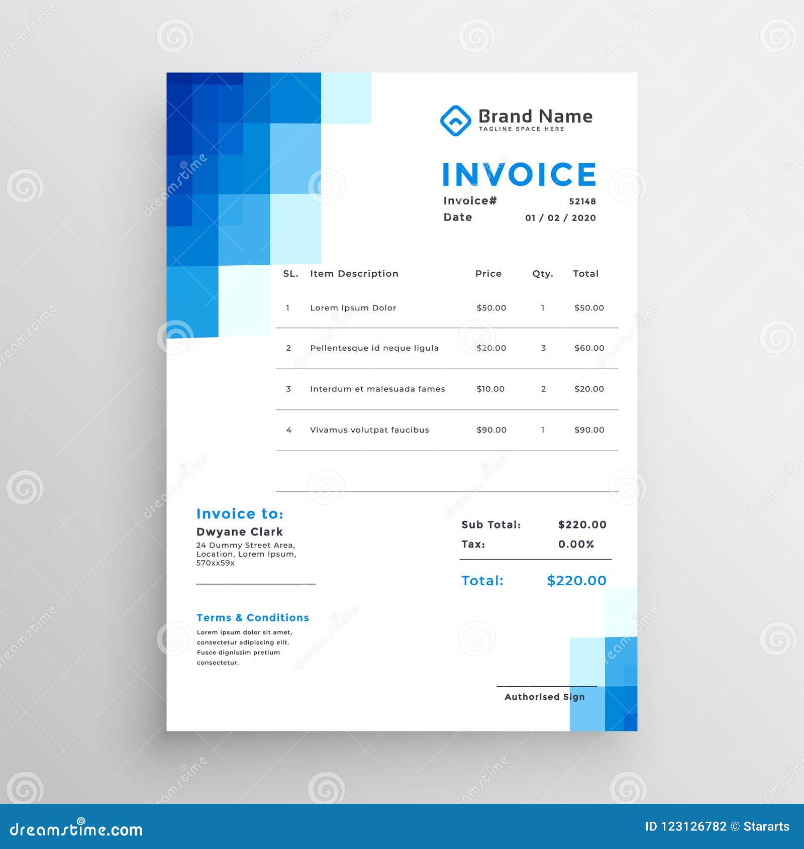 Blue Mosaic Style Invoice Template Stock Vector - Illustration of money, invoice: 123126782
