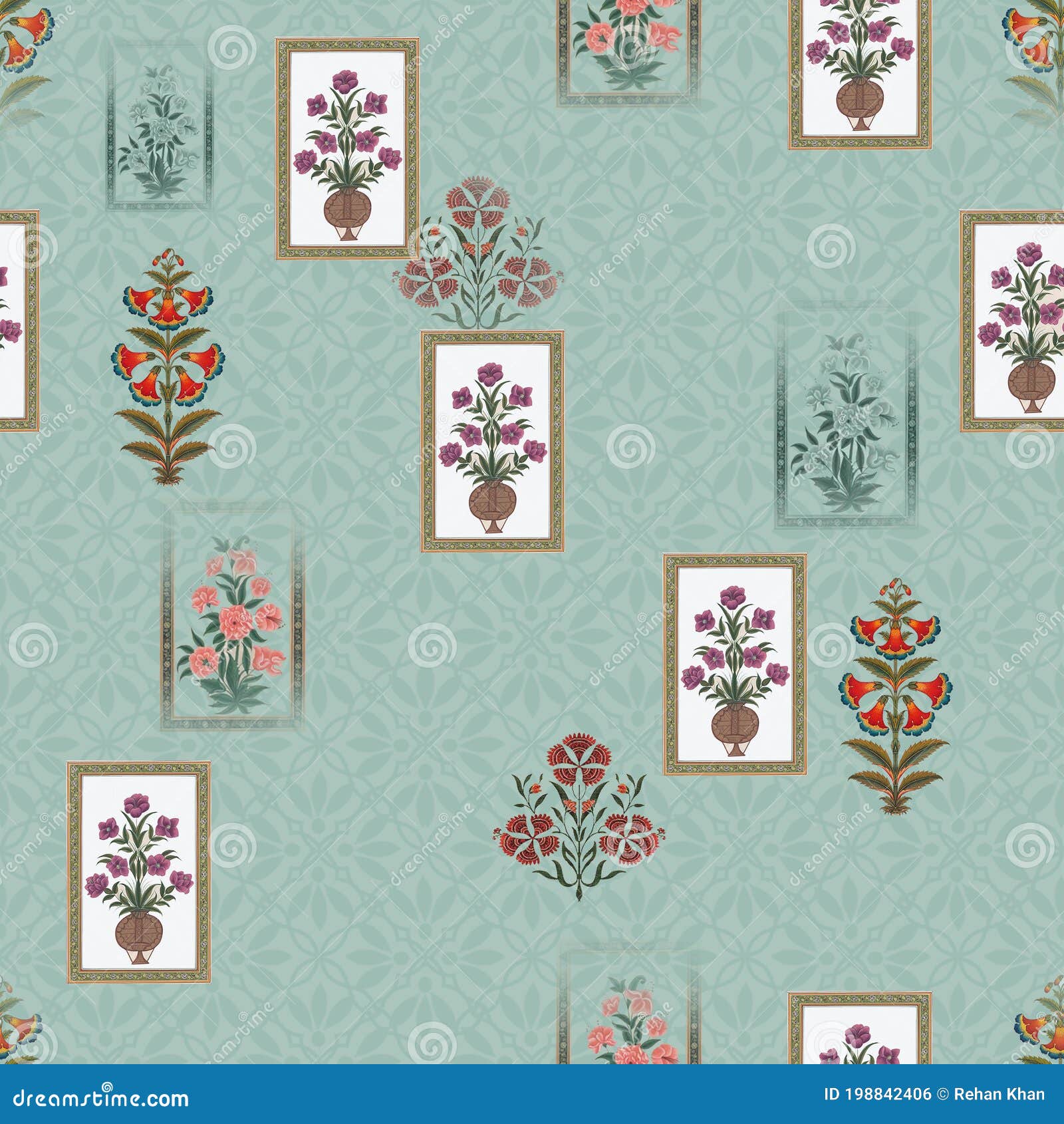 Blue Motif Pattern with Mughal Flower Frame Stock Illustration ...