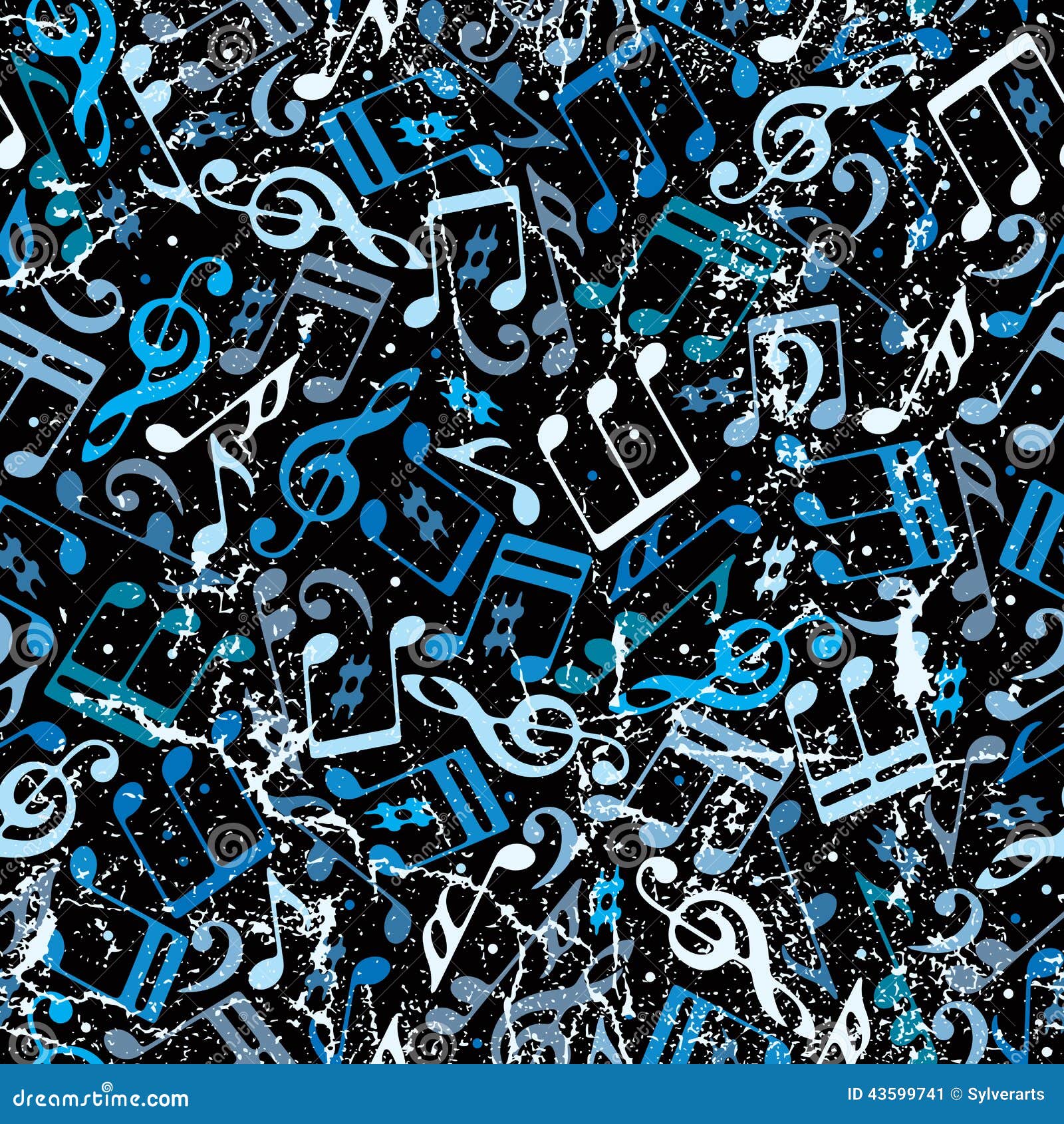 Blue Musical Notes Seamless Background with Grunge Texture. Stock ...