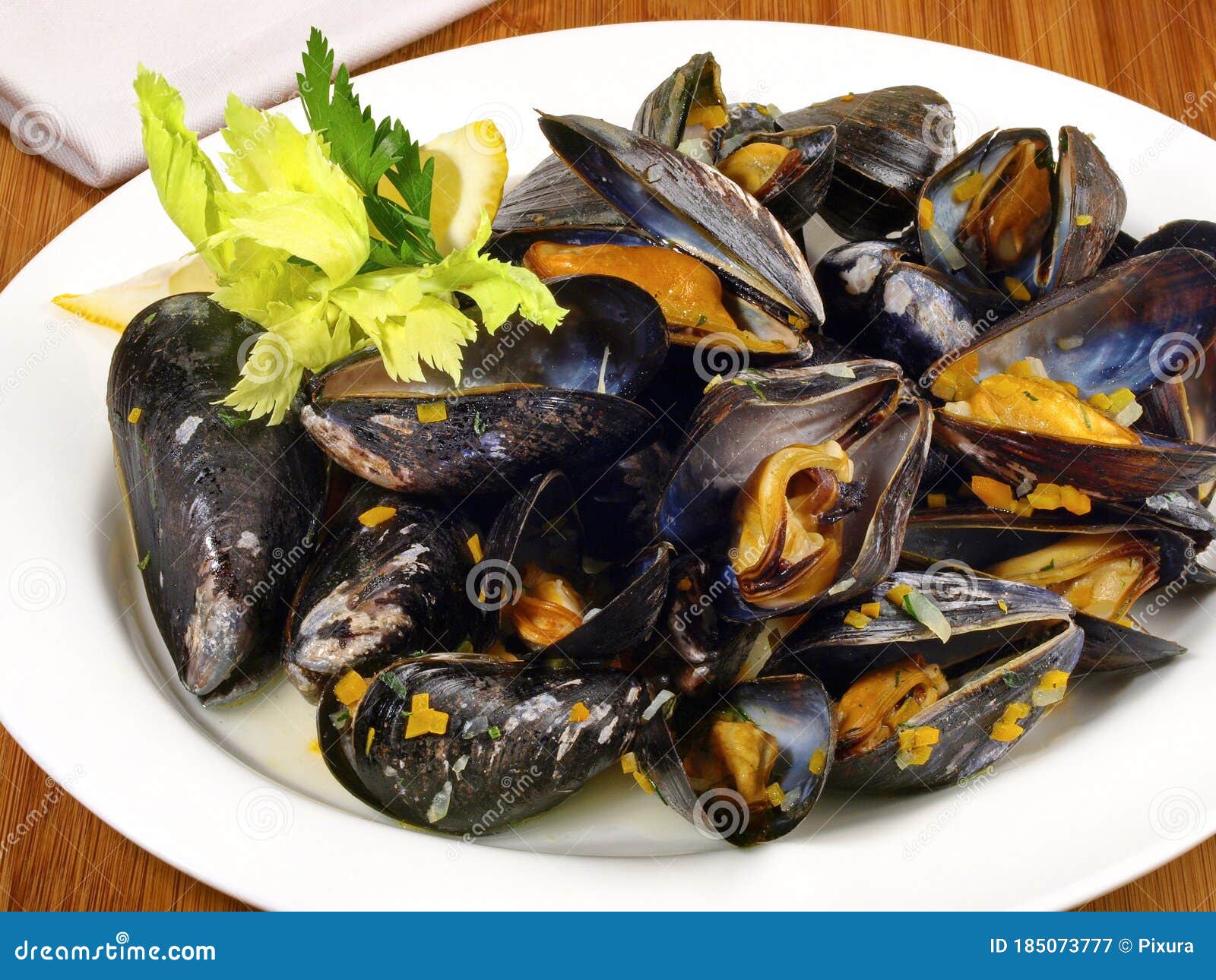 Seafood - Blue Mussel on a White Plate Stock Image - Image of cooking ...